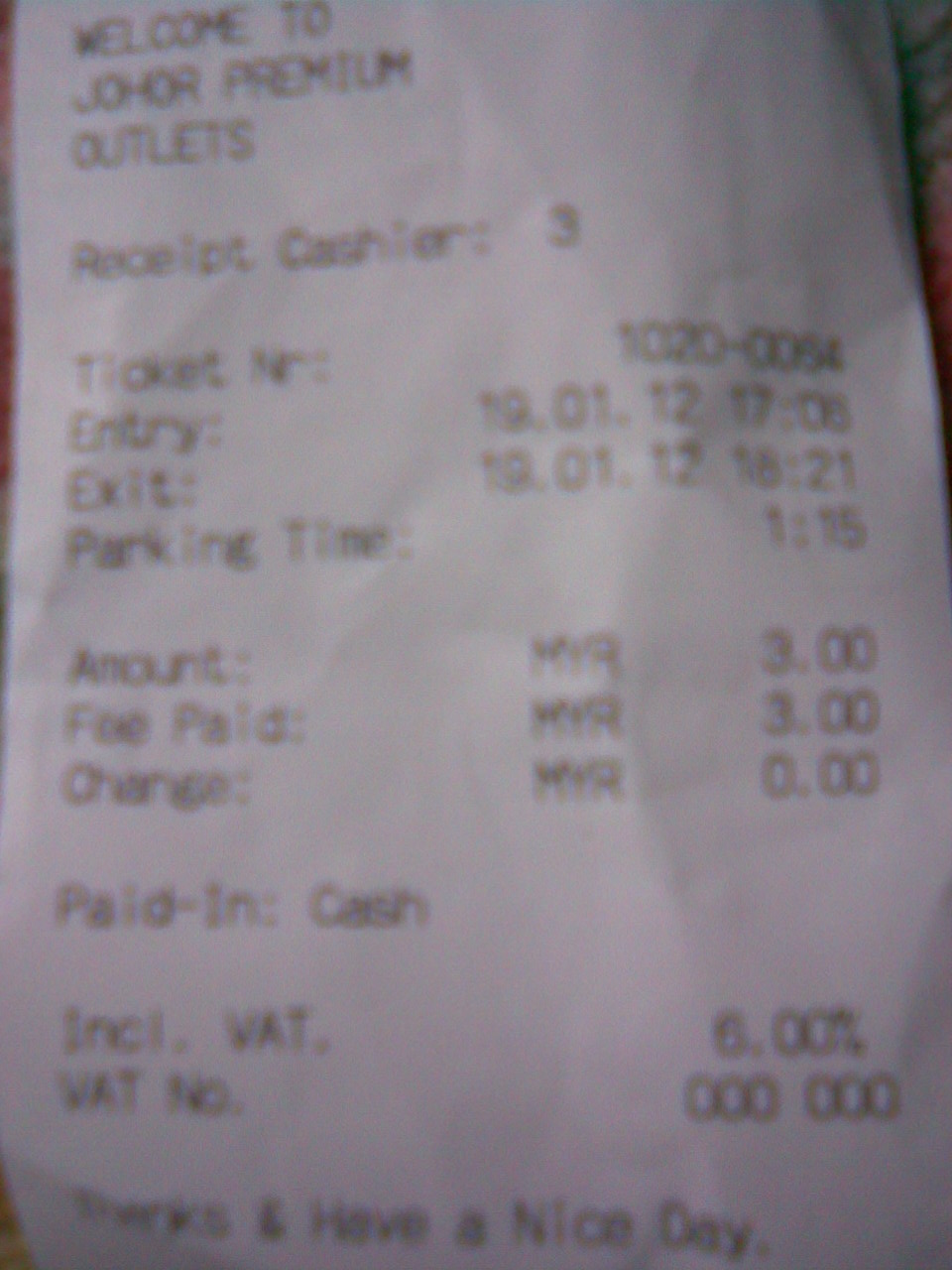 Dyan: Johor Premium Outlet, Johor : sekadar resit parking, kbye