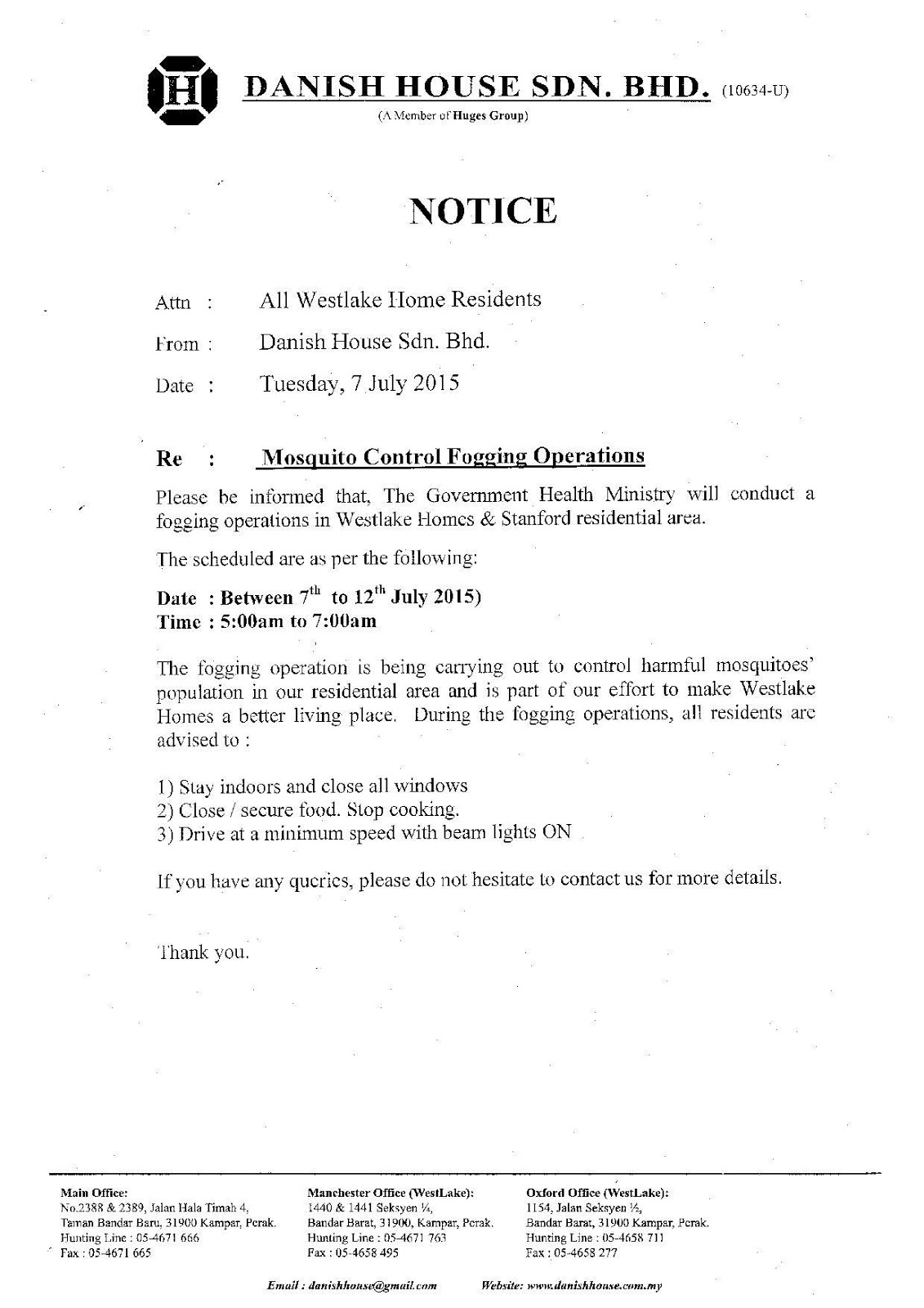 Danish House, Kampar: Mosquito Control Fogging Operations on 7th - 12th ...