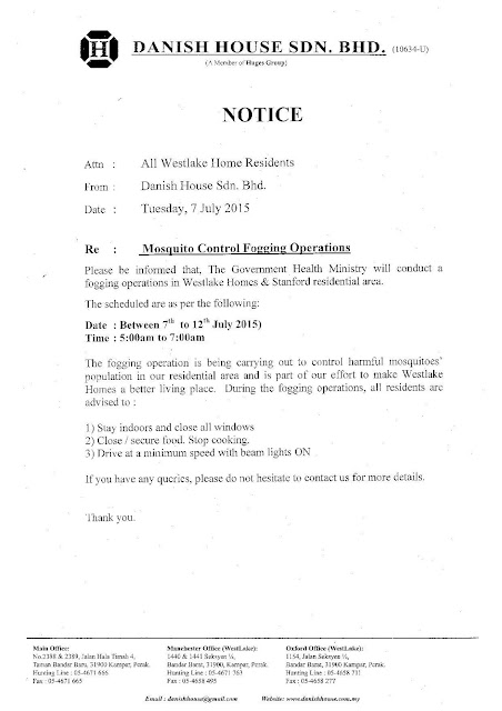 Danish House, Kampar: Mosquito Control Fogging Operations on 7th - 12th ...