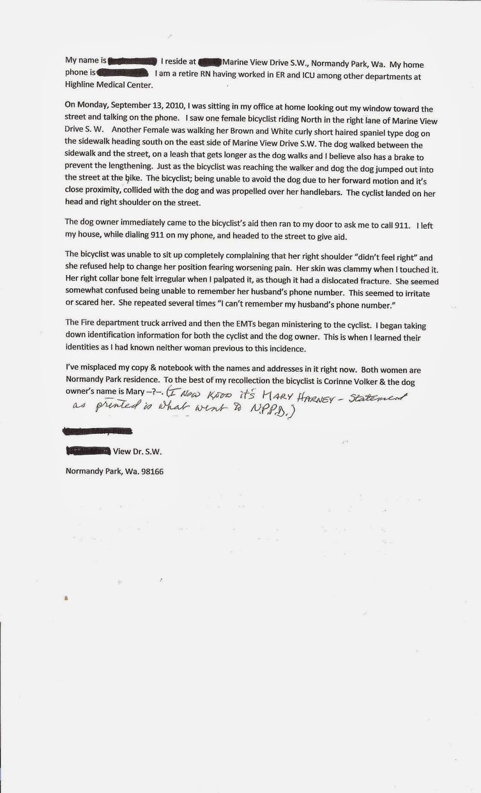 Mary M. Harney, Patrick J. Harney, Normandy Park Police Report