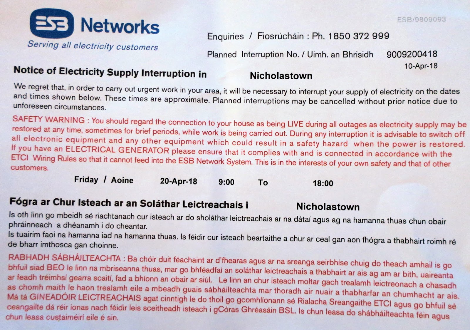 Kilcullen Diary: UPDATE: Electricity outages planned for next week will ...