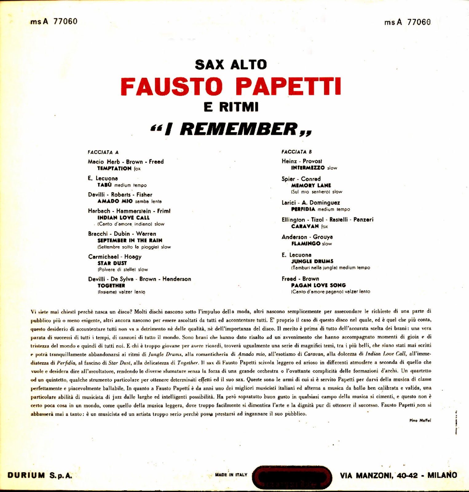 Audio Design Studio: Fausto Papetti - I Remember No 1 LP 1967 Didital ...