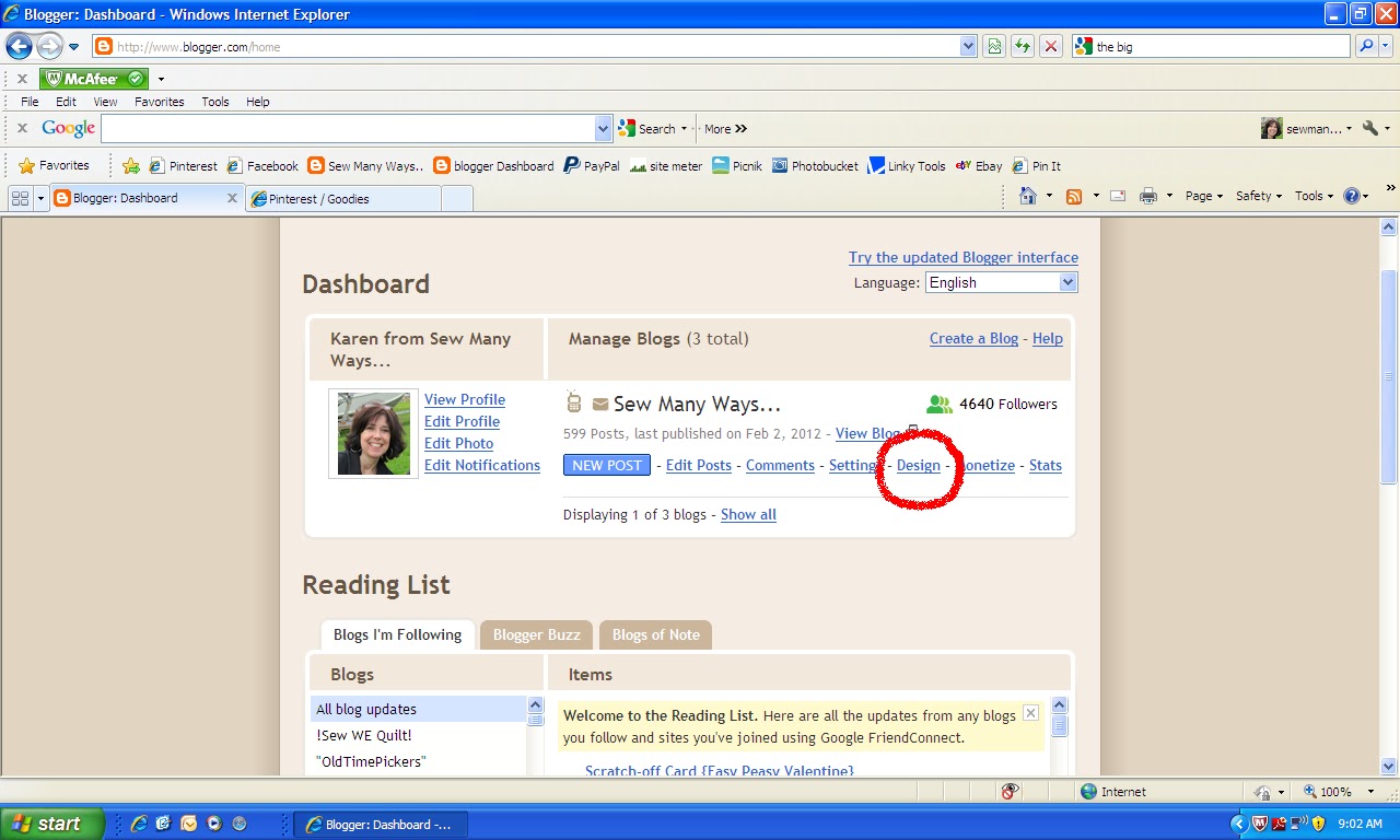 Sew Many Ways...: Blog Buddy...How To Add Your Follow Me Pinterest Button