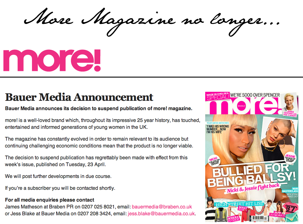 Another glossy down, More! Magazine UK announces suspension of ...
