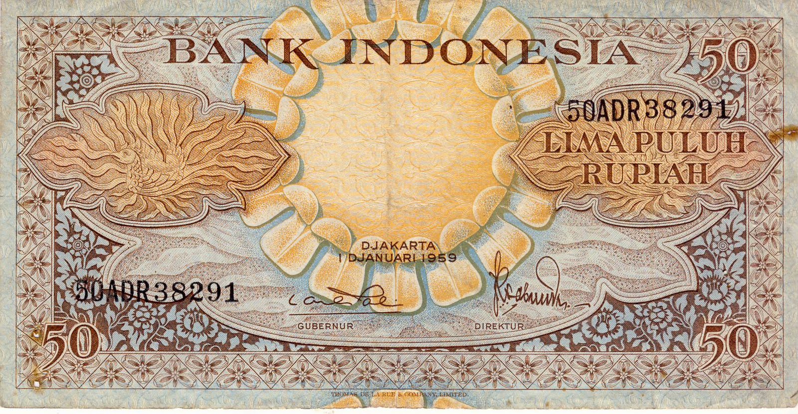 Uang kertas kuno Indonesia pecahan Rp. 50,- (lima puluh rupiah ...