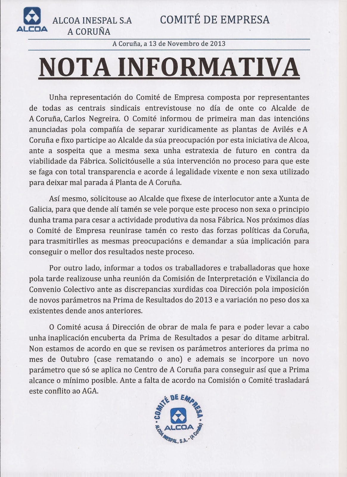 SECCION SINDICAL CC.OO ALCOA INESPAL. A CORUÑA: NOTA INFORMATIVA DO ...