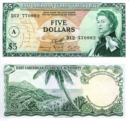 WORLD OF CURRENCY: Antigua and Barbuda 5 Dollars Note (East Caribbean)