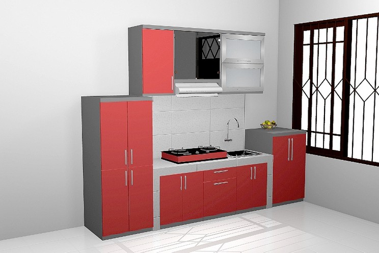 Kitchen Set Lurus Tema Warna Merah dengan Pintu Aluminium Hidrolis ...