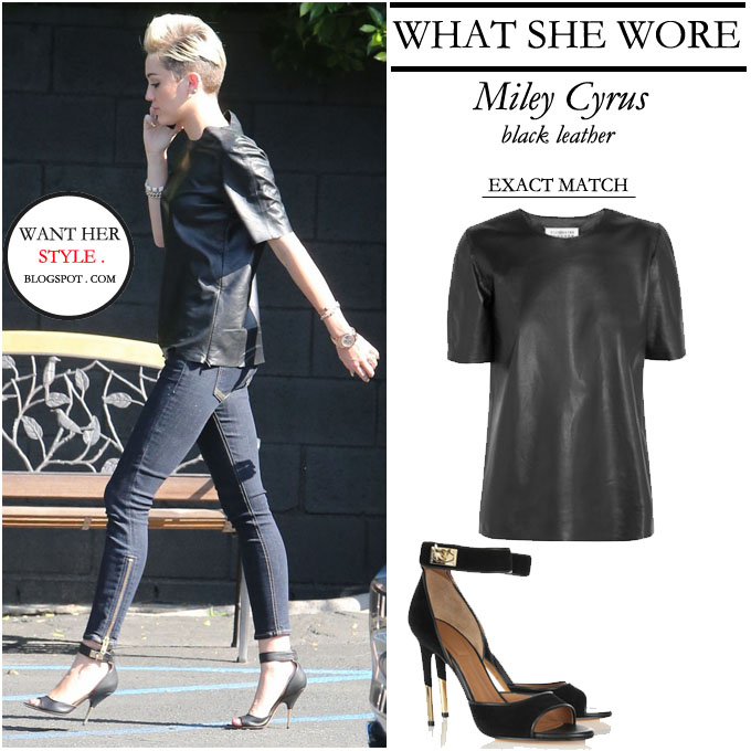 WHAT SHE WORE: Miley Cyrus in black leather shirt with black open toe ...