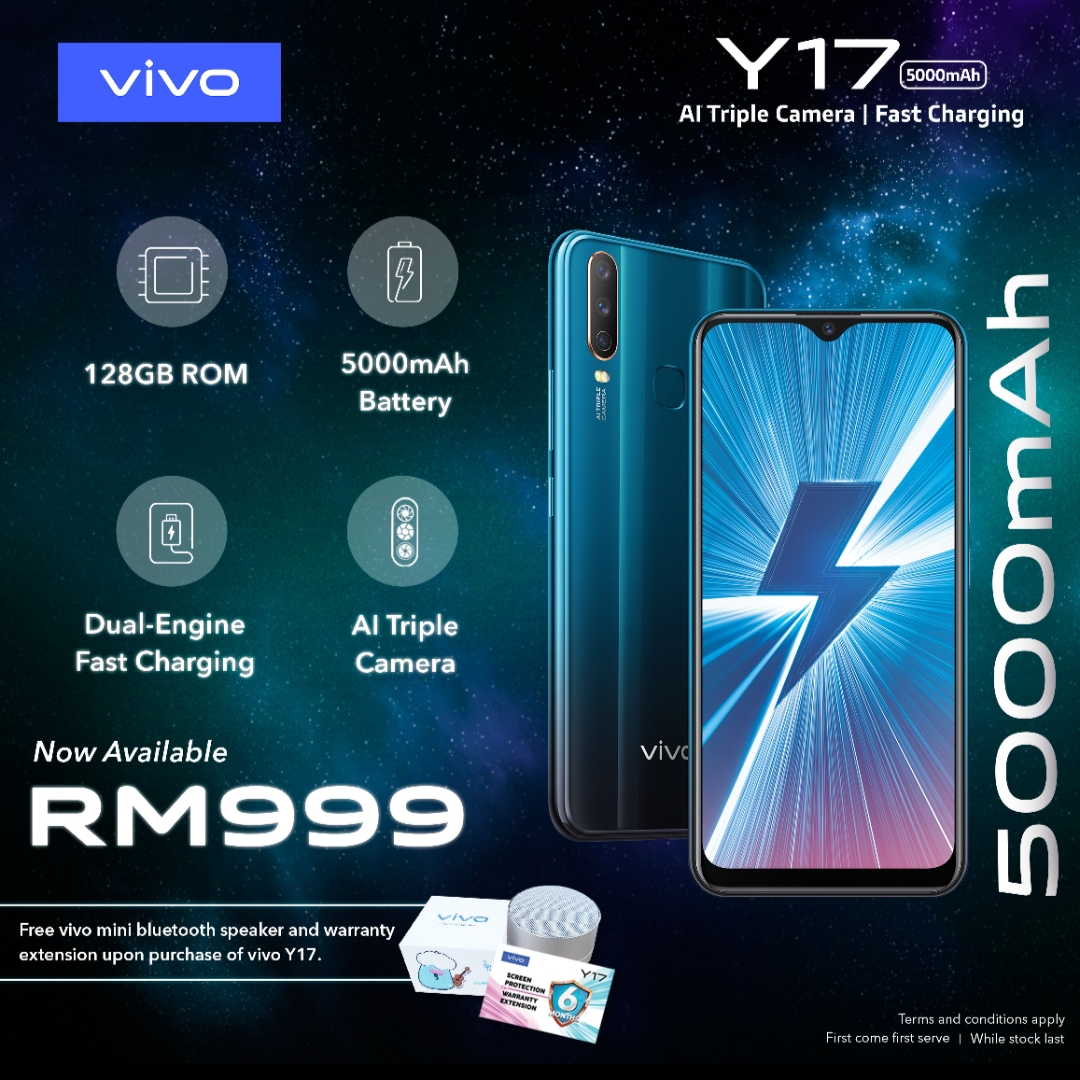 THE VIVO Y17 WITH AL TRIPLE CAMERA AVAILABLE 11 MAY 2019 ONWARDS AT RM999