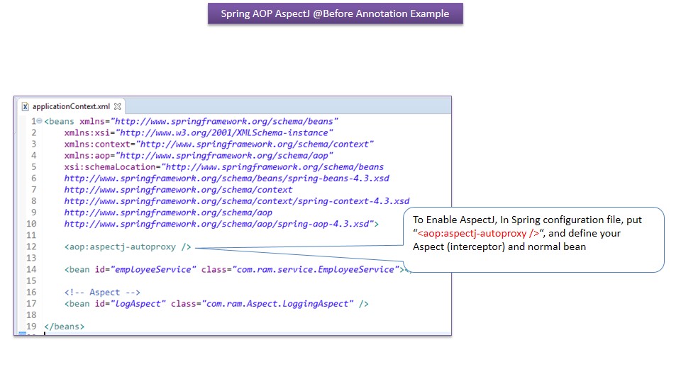 Java Ee Spring Aop Aspectj Before Annotation Example [apply To Multiple Methods] Spring Tutorial
