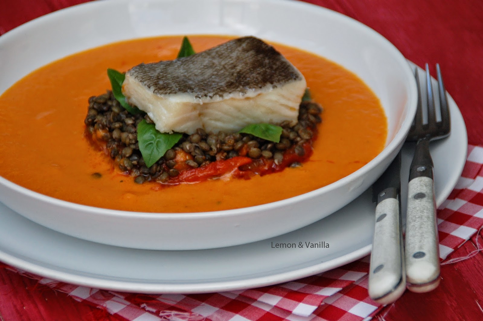 Lemon & Vanilla: Olive oil poached cod with lentils, chorizo and ...