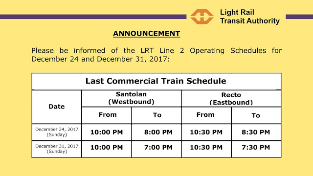 LRT Schedules for Dec. 24 & 31, 2017