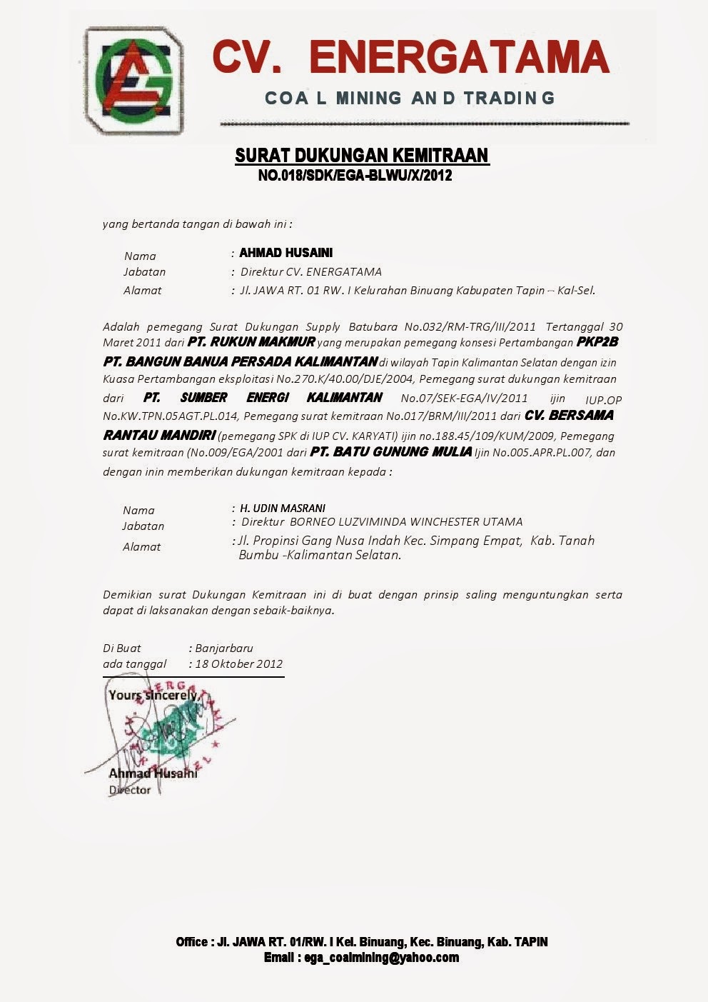 Supporting Letters: Surat Dukungan IUP.OPK dan Tambang