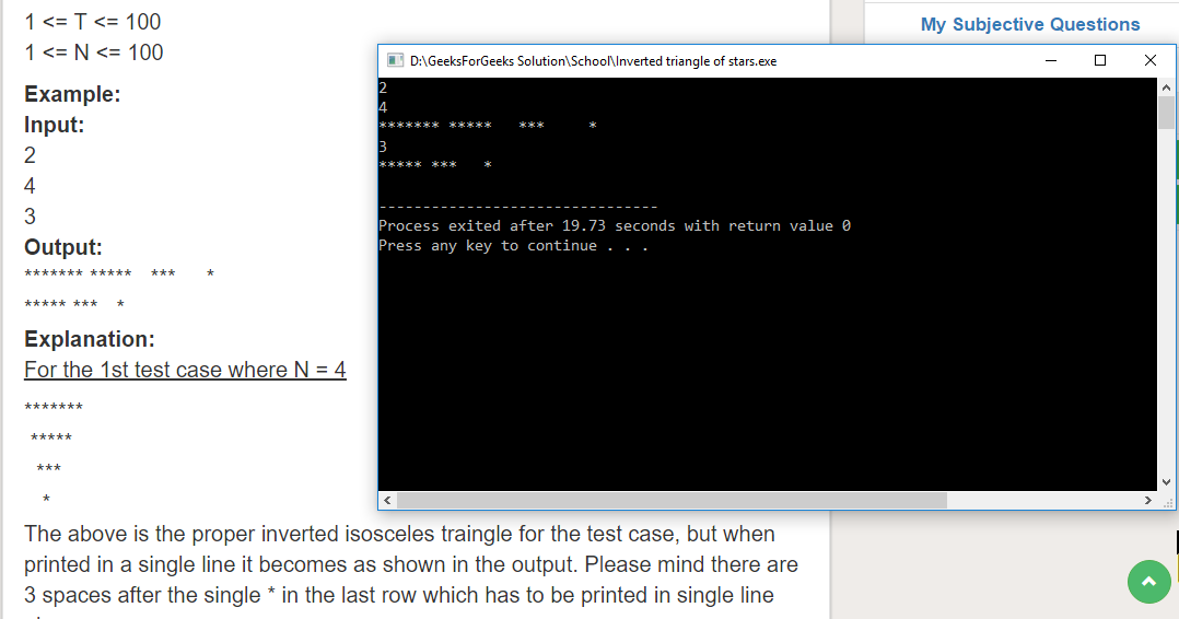 Geeksforgeeks Solution For " Inverted triangle of stars