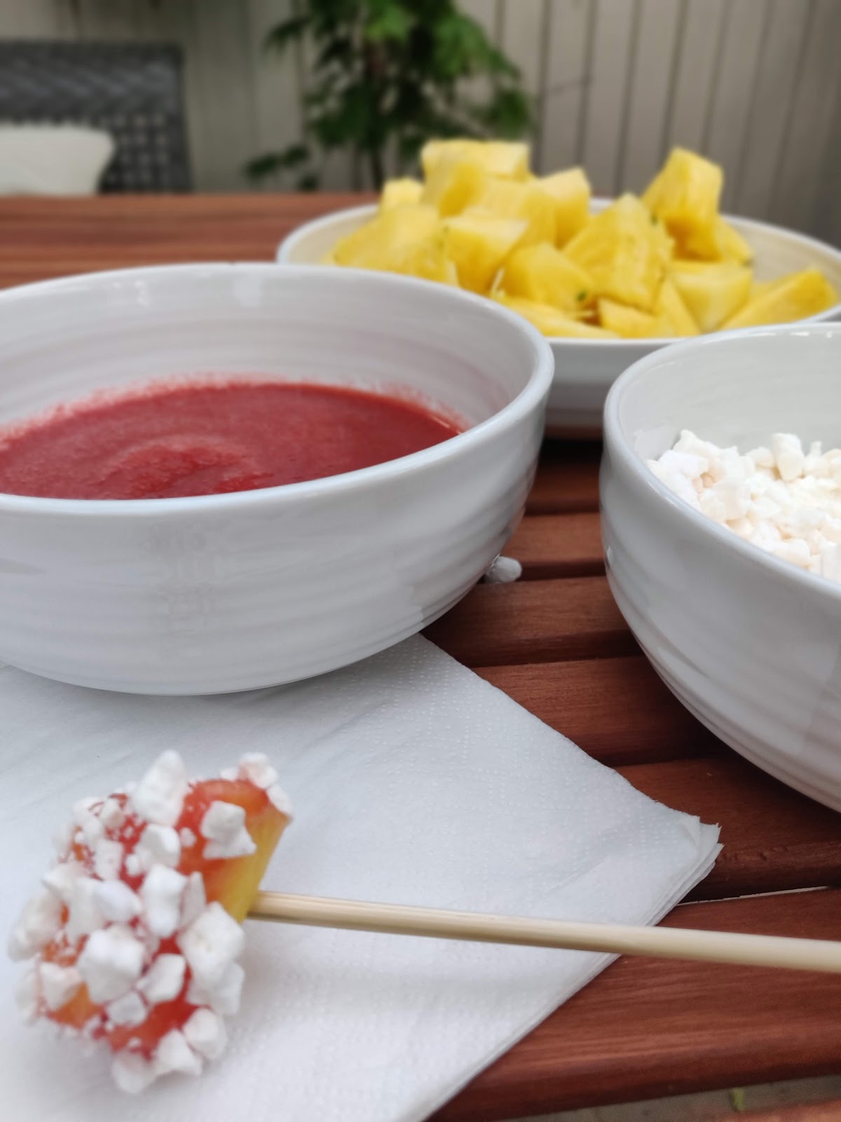 Pineapple & Meringue Dippers with Strawberry & Vanilla Coulis
