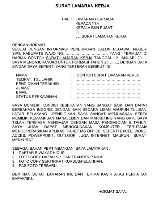 Contoh dan Format Surat Lamaran Kerja Umum File Word Tahun 2016 - IDNOffice