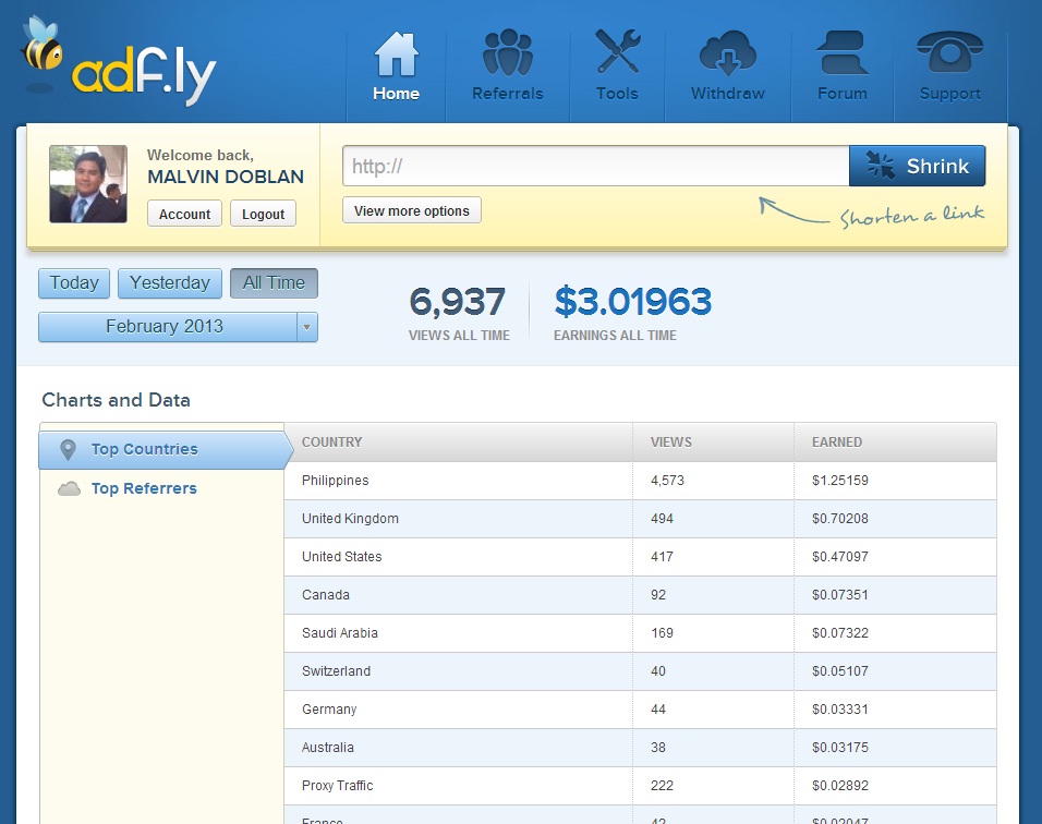 VMOBILE: AdFly Total EARNings