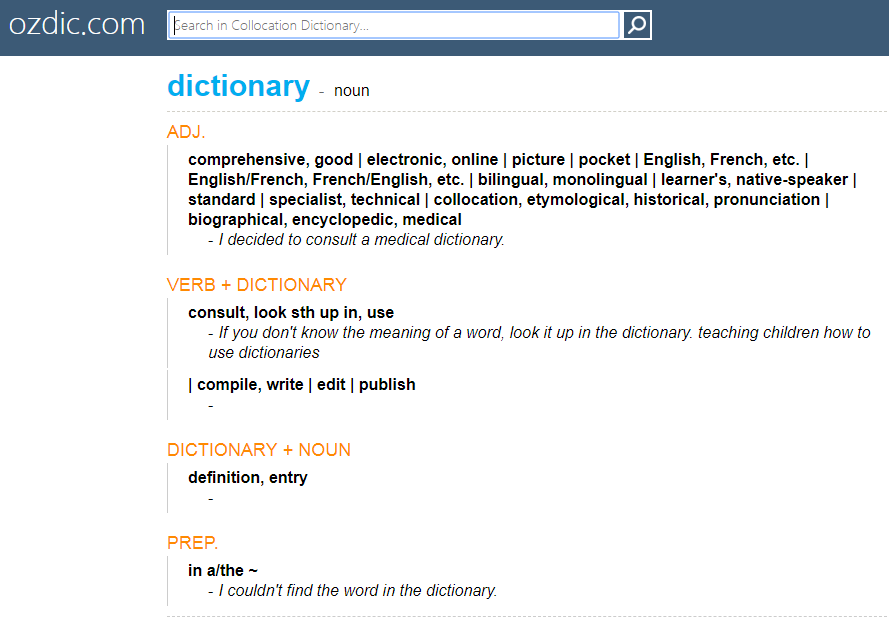 English Elda: Search in Collocation Dictionary. Ozdic.com