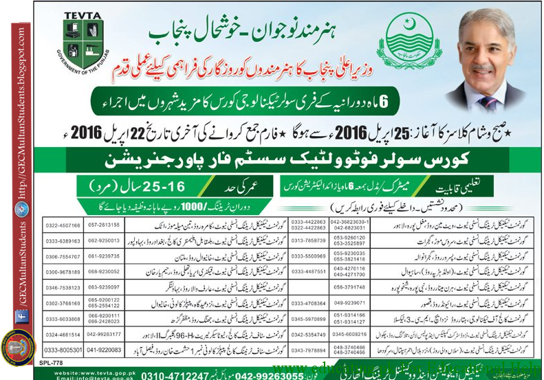 Govt. of Punjab TEVTA Offers Free Solar Technology Courses 2016 - Govt ...