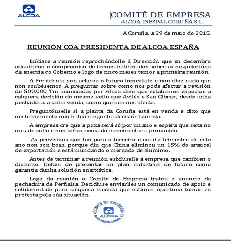 SECCION SINDICAL CC.OO ALCOA INESPAL. A CORUÑA: 2015