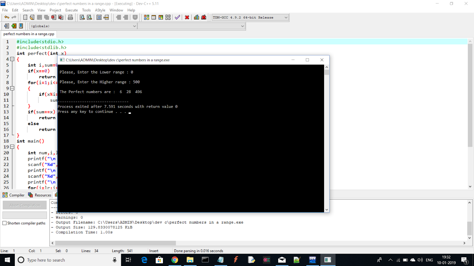 Perfect Numbers in a Range in C-Language