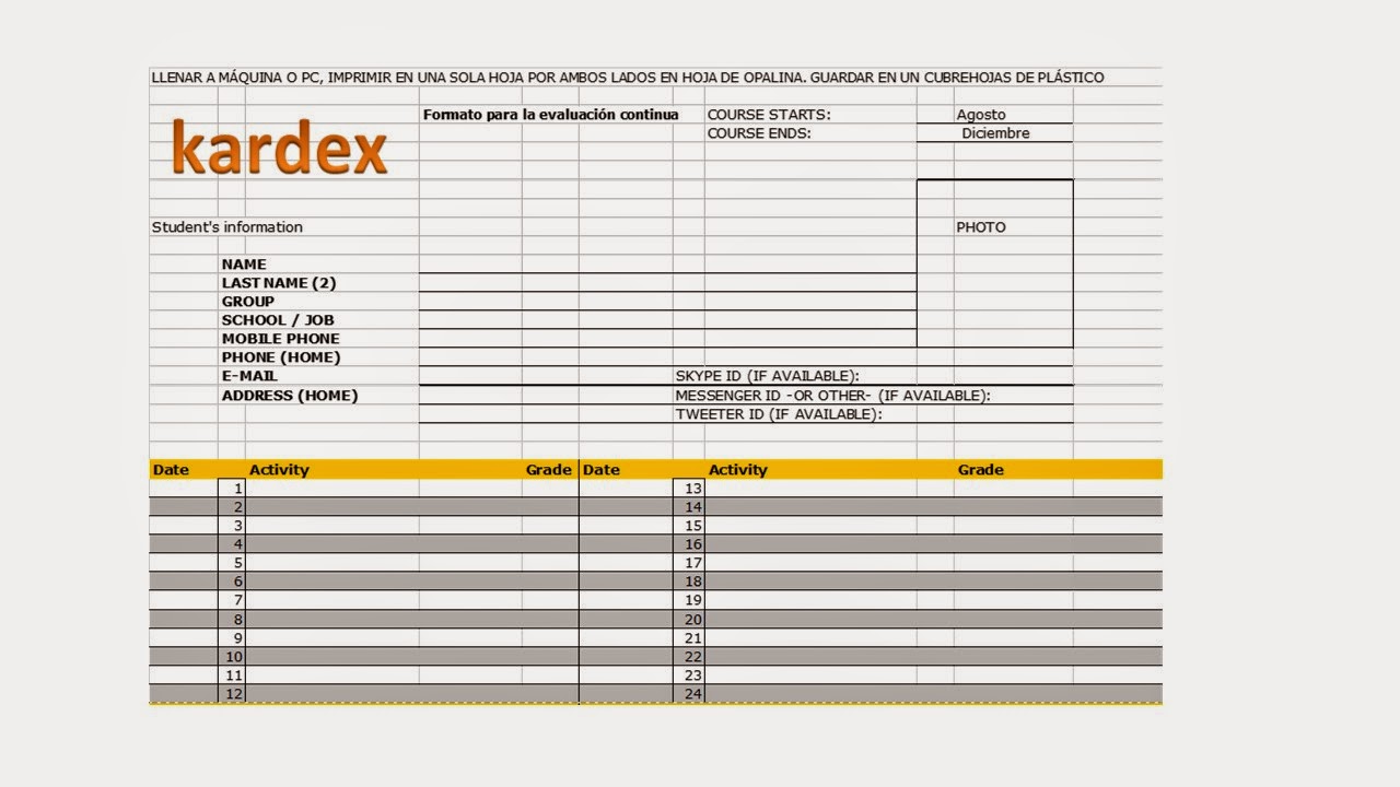 Complementary English: kardex