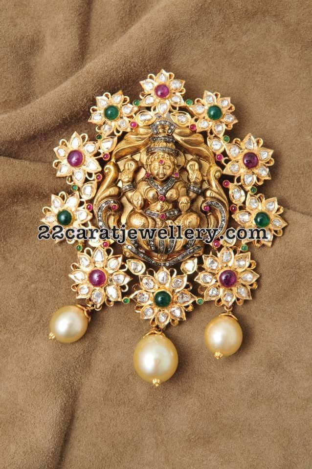 Simple Lakshmi Pendant with CZ Flowers - Jewellery Designs