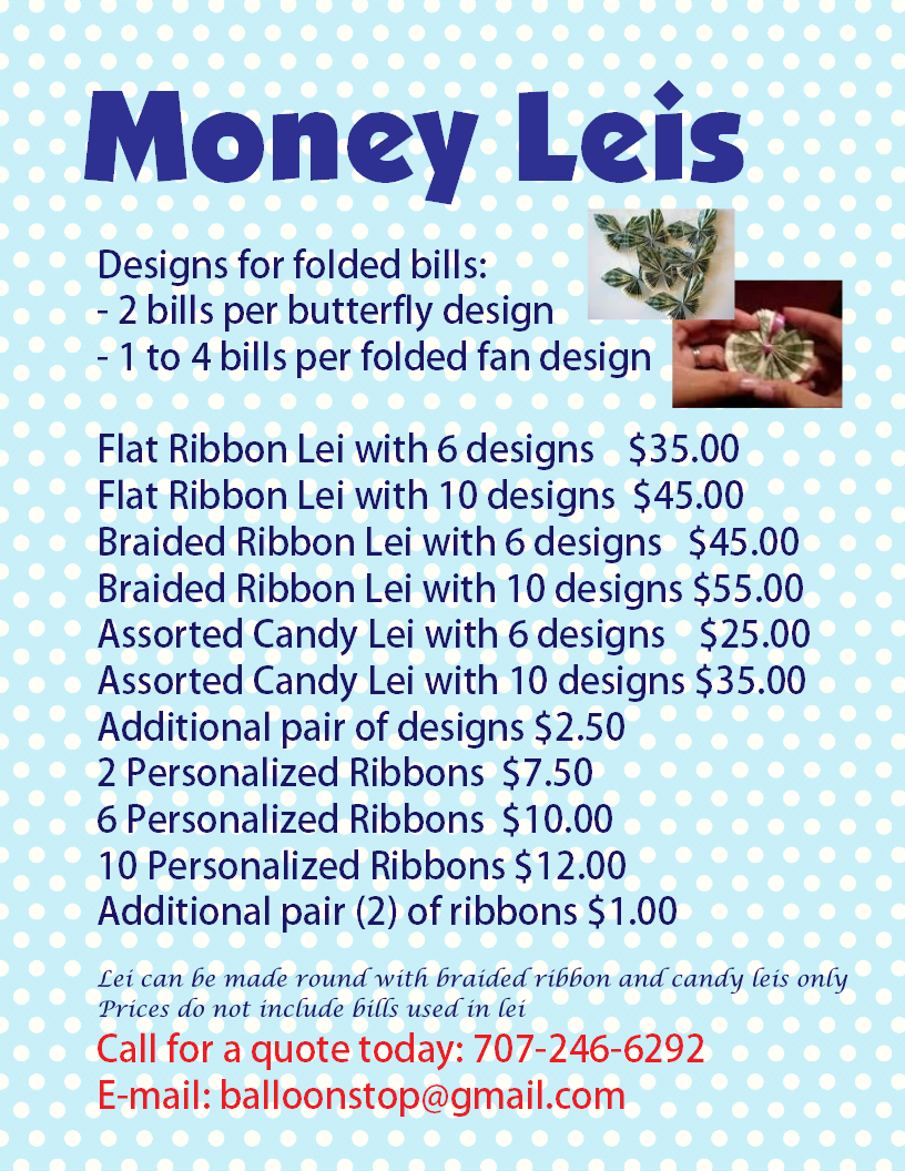 Balloon Stop, Your One Stop Party Shop: Money Lei Prices