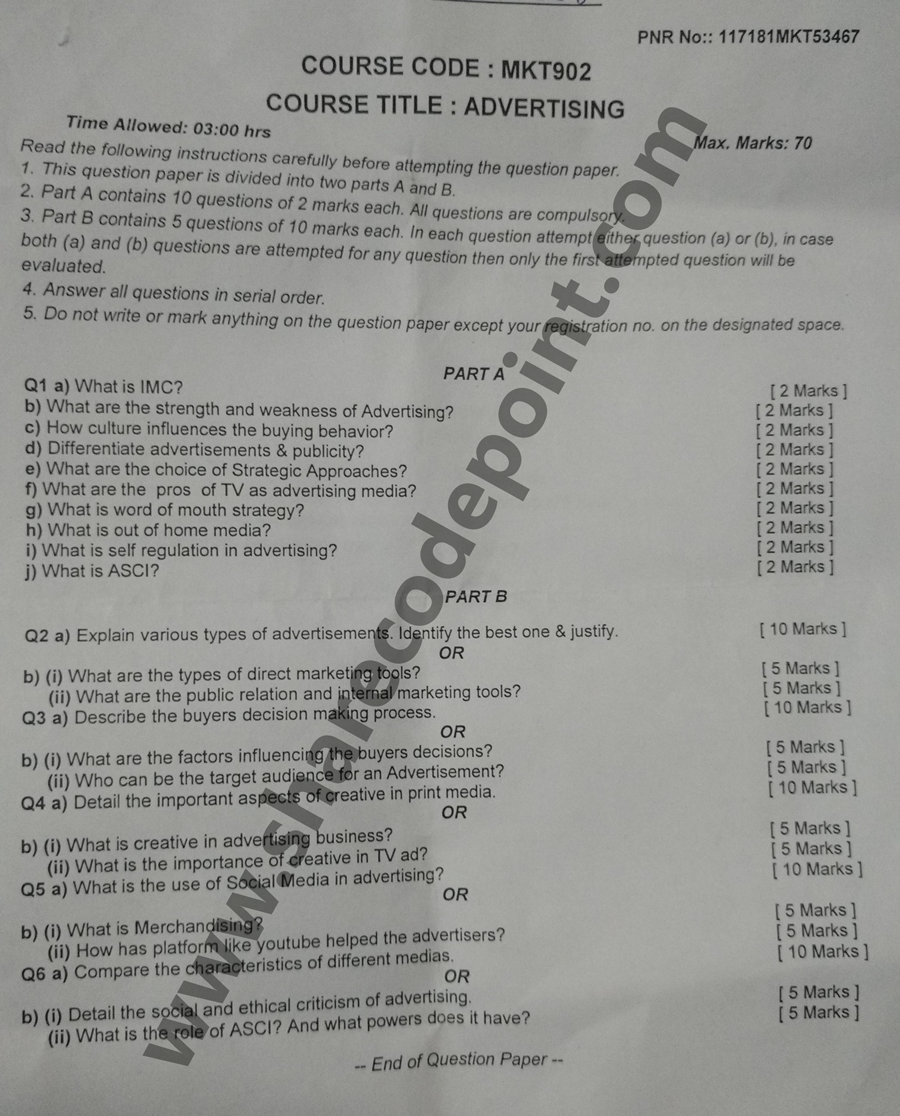 MKT902 : Advertising End Term Exam Question Paper - MKT 902