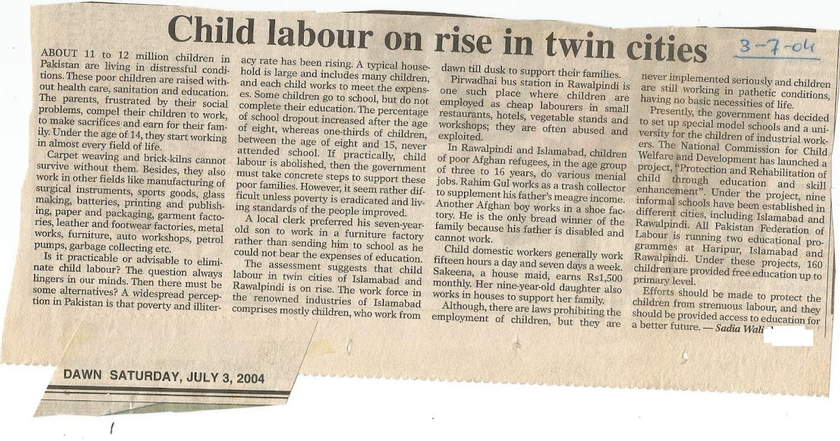 Article CHILD LABOUR- published in DAWN NEWS- JULY 2004 ~ Learning for ...