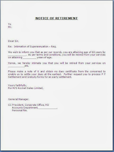 Retirement Notice Letter to Employee