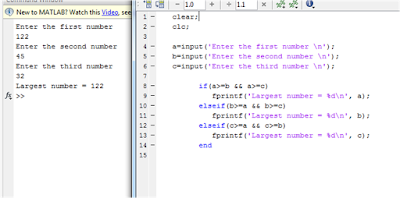 Write a MATLAB program for find Largest number in three number using if ...