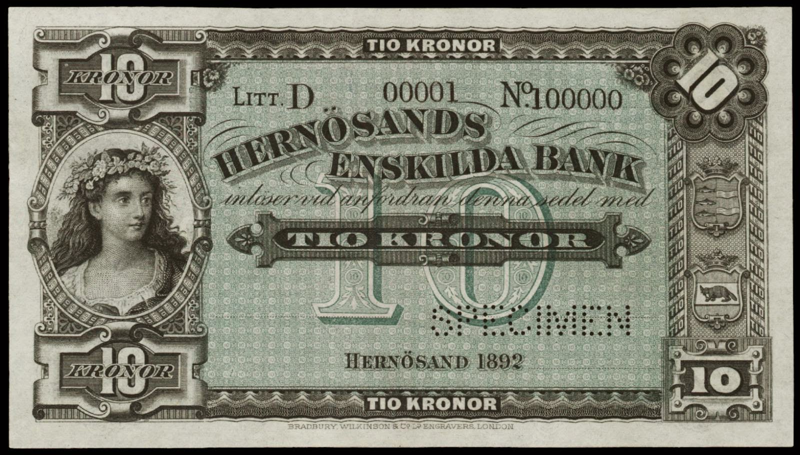 Sweden 10 Kronor 1892 Hernosands Enskilda Bank|World Banknotes & Coins ...