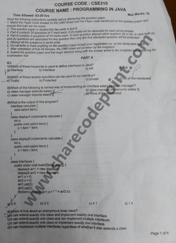 CSE310 : Programming in Java End Term Exam Question Paper - CSE 310 ... CSE310 : Programming in Java End Term Exam Question Paper - CSE 310 ...