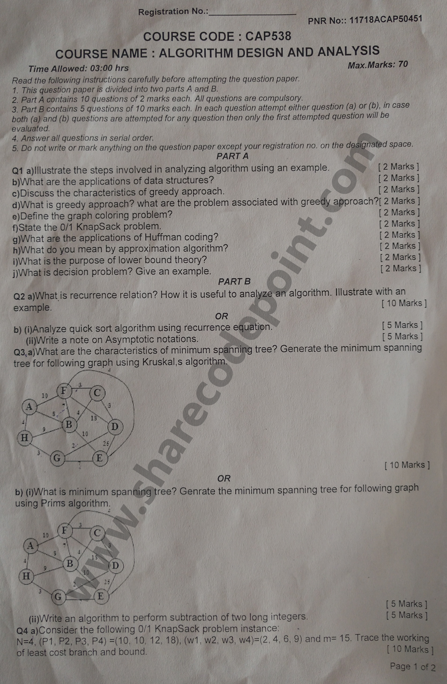 Cap538 And Cse408 Algorithm Design And Analysis End Term Exam Question Paper Cse 408 And Cap 538