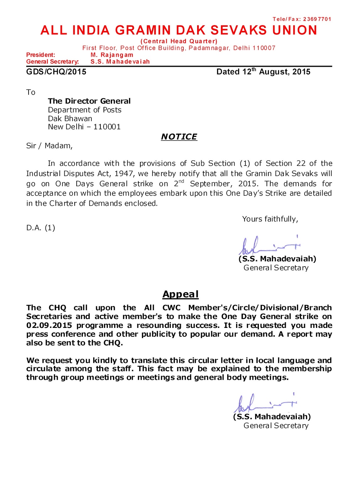 RURAL POSTAL EMPLOYEES: ONE DAY GENERAL STRIKE NOTICE AND CHARTER OF ...