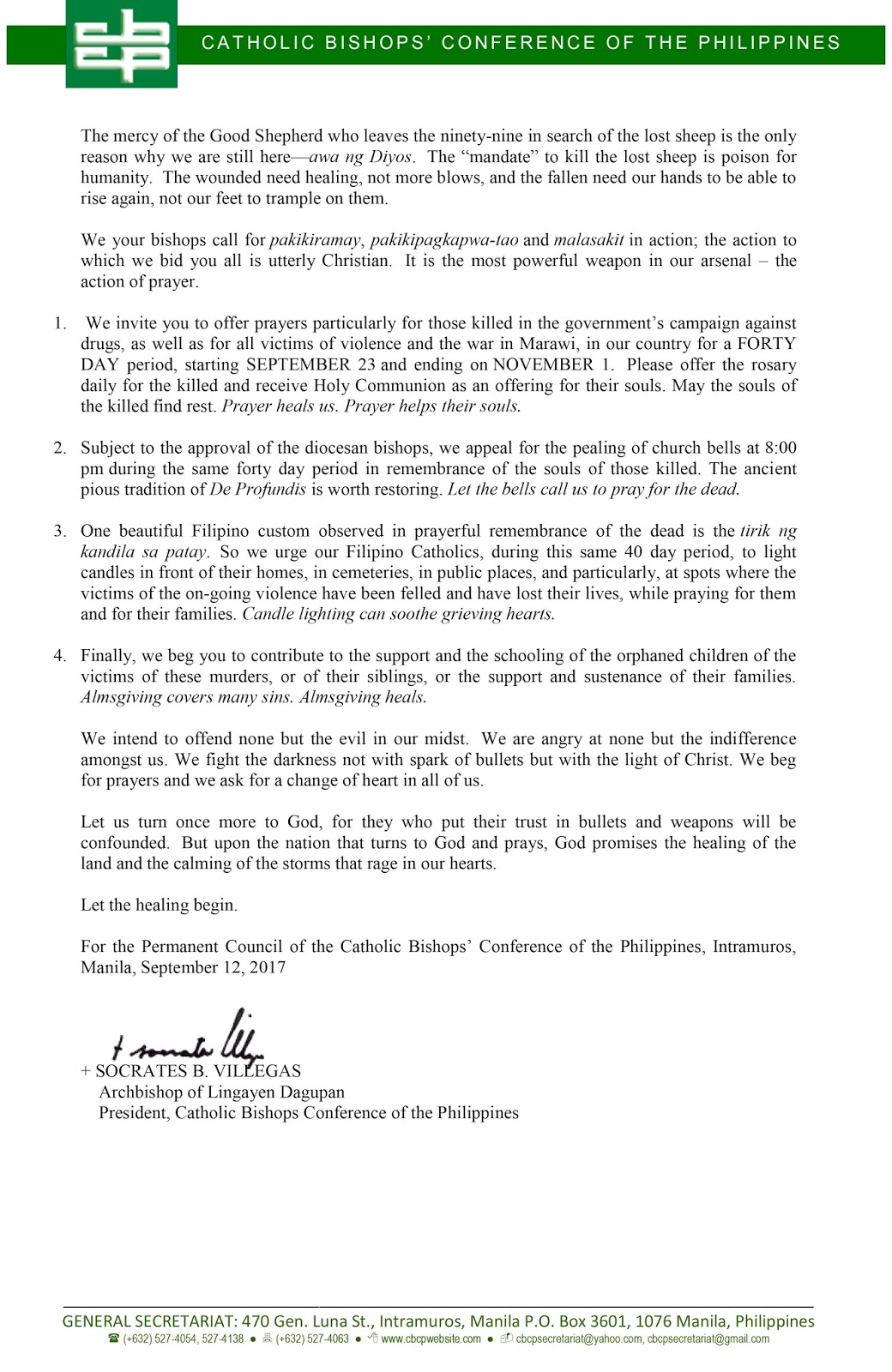 CBCP Pastoral Statement: Lord, heal our land
