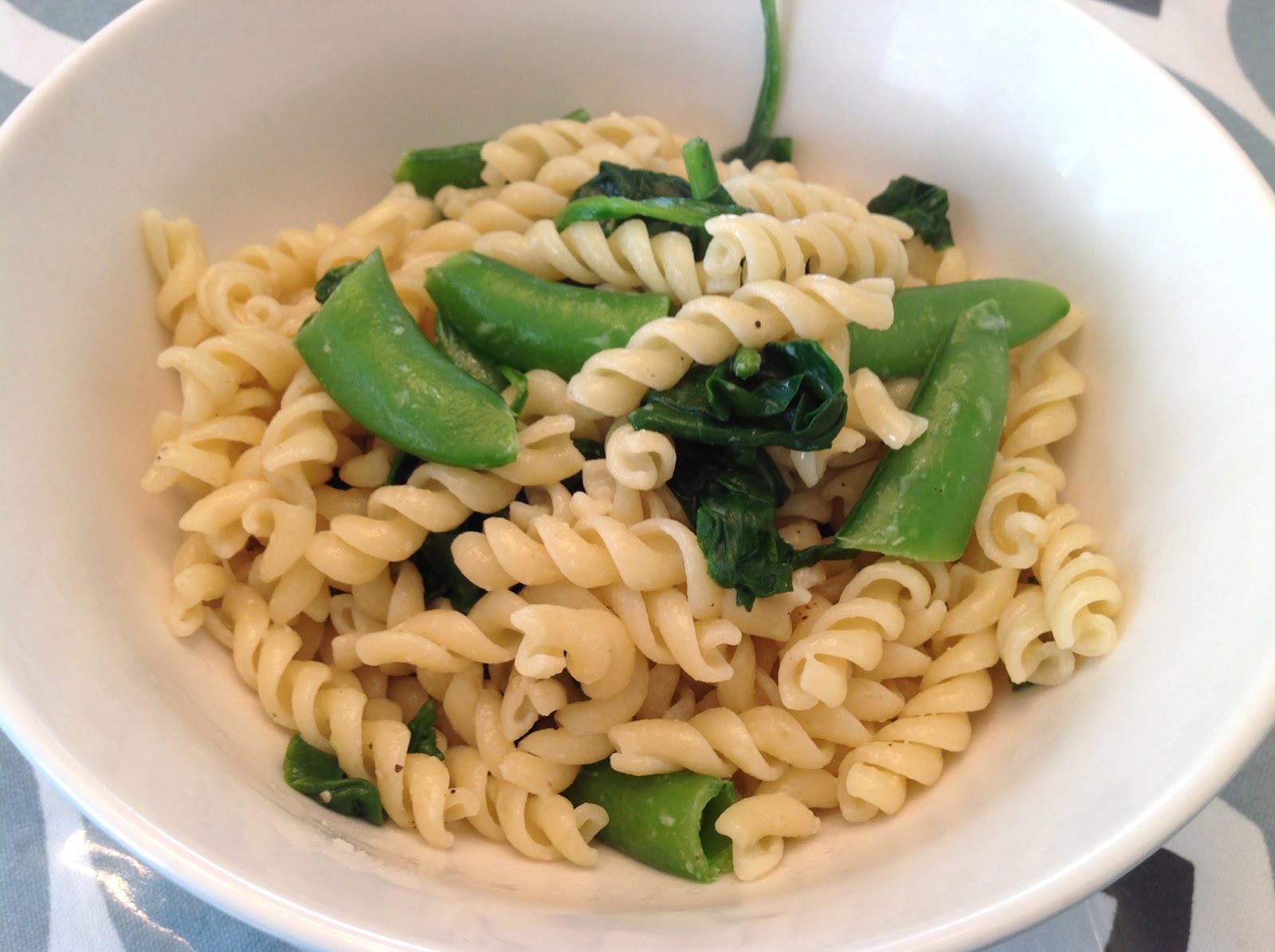 my back pages: pasta with snap peas basil and spinach