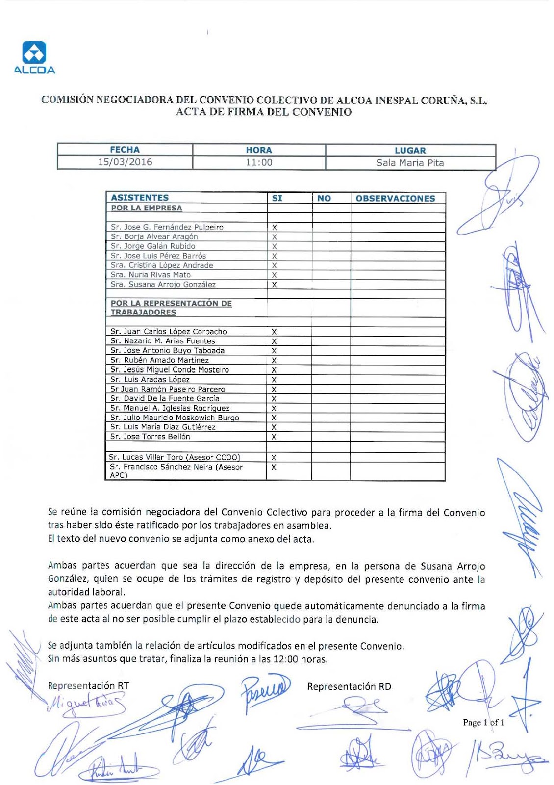 ACTA DA FIRMA DO CONVENIO COLECTIVO ~ SECCIÓN SINDICAL U.G.T ALCOA ...
