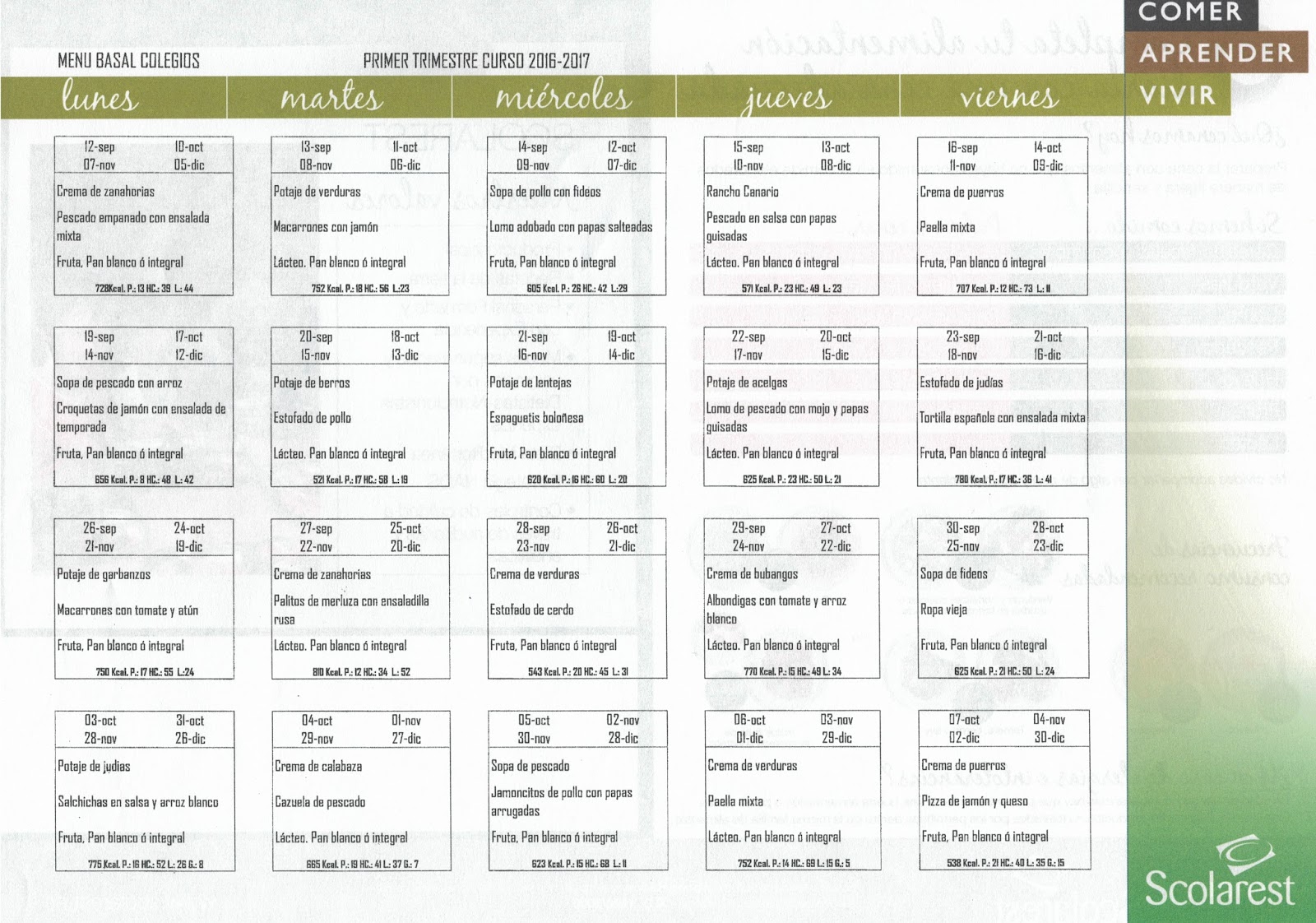A.M.P.A. Santa María del Mar - Alisios: MENÚ EUREST 1º TRIMESTRE