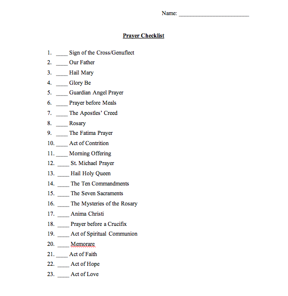 Catholic Catechism Ideas: Prayer Checklist