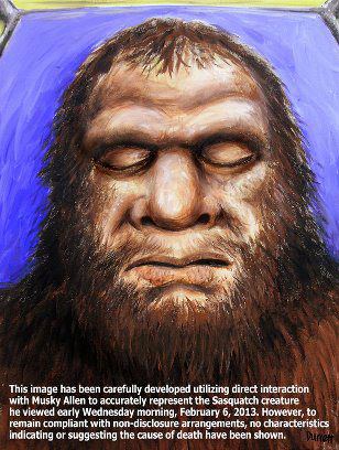 Artist Rendering of Dead Bigfoot Seen By Musky Allen ~ The Crypto Crew