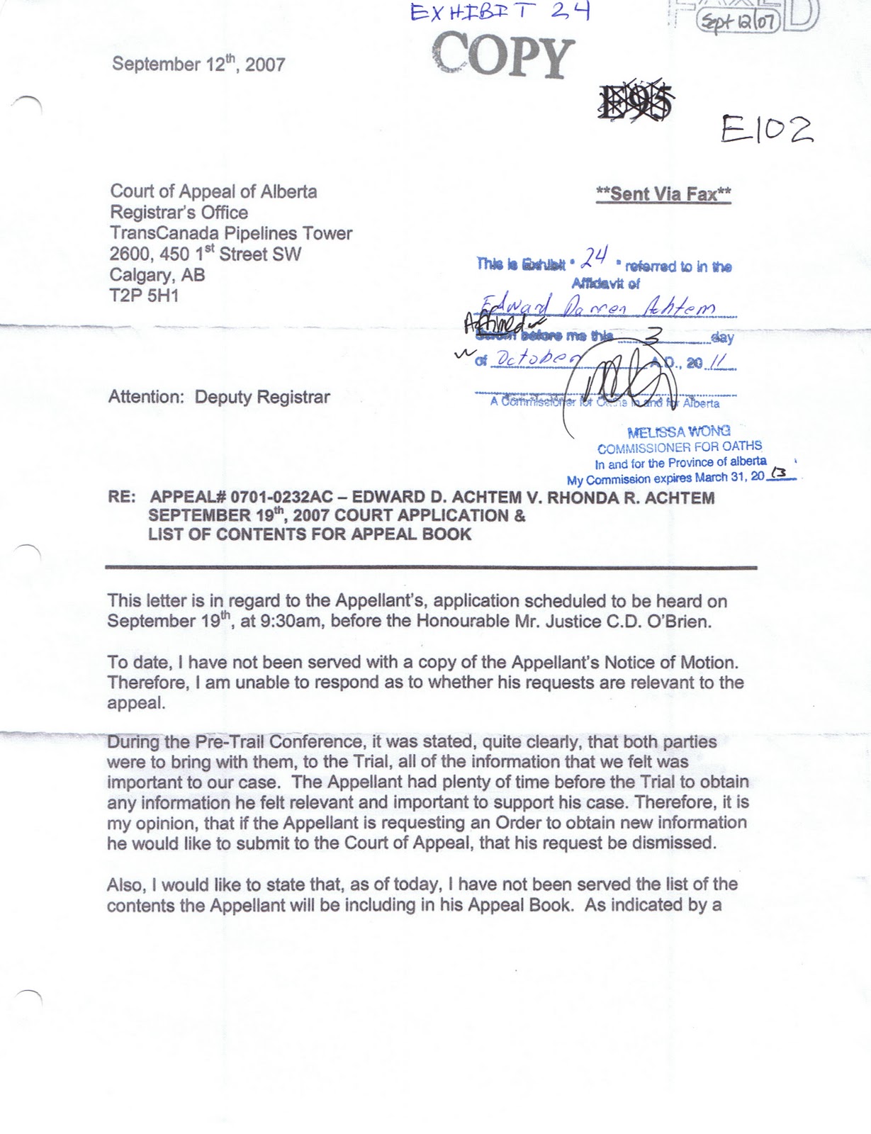 EXHIBITS: EXHIBIT 24 - Ms. Sails's (Achtem) letter to the Court of ...