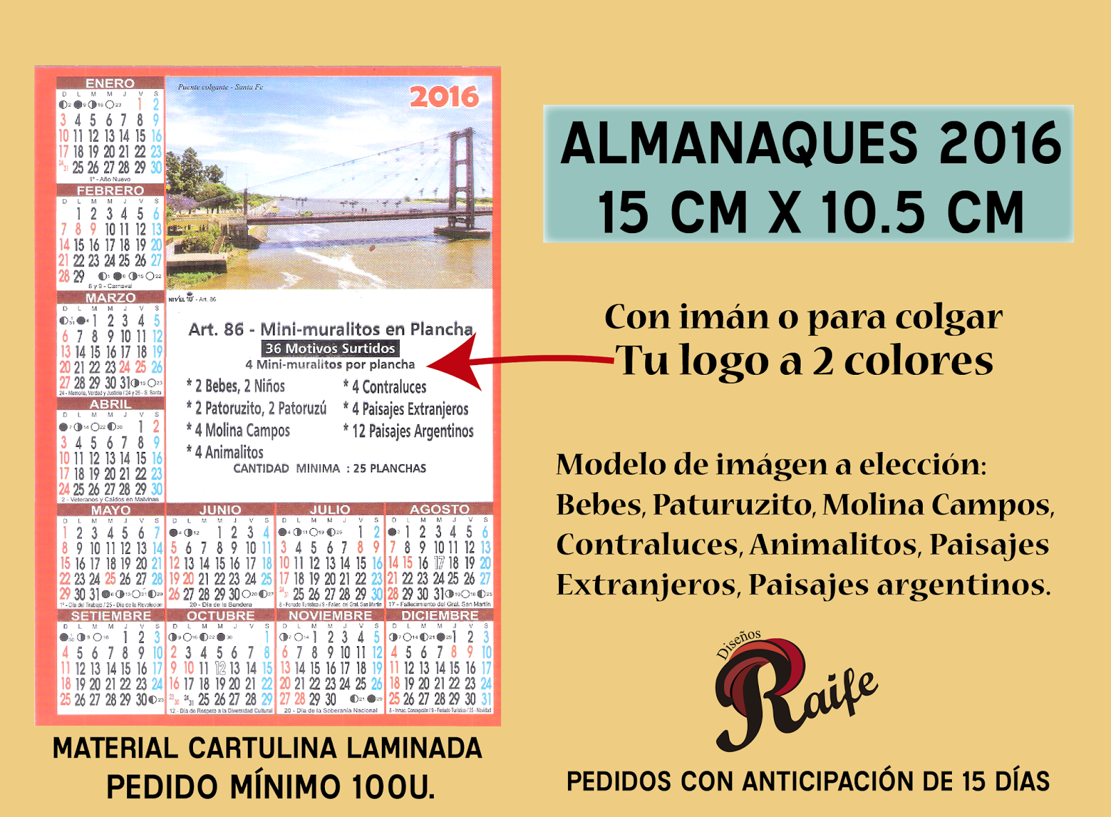 Diseños Raife: Almanaques en cartulina de 15cm x 10.5 cm para colgar o ...