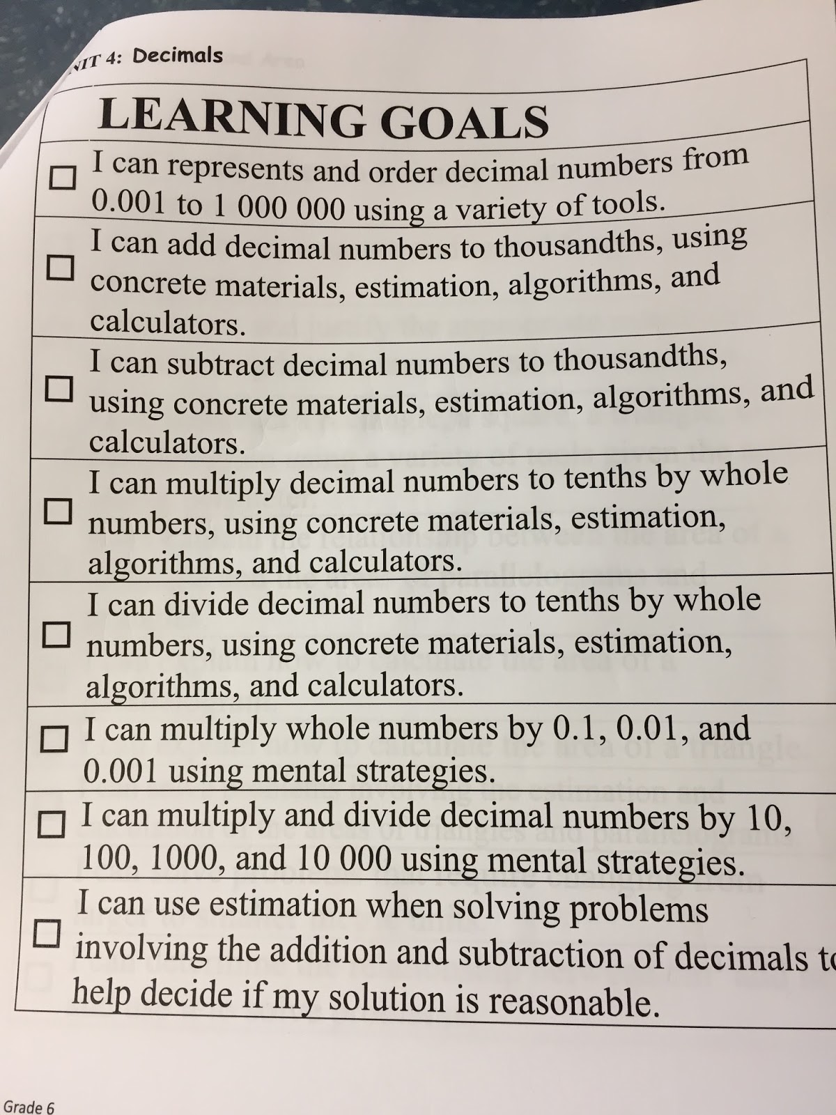 Mrs. Thompson's Grade 6 Class: Unit 4: Decimals Learning Goals