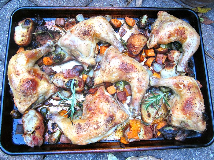 Chicken Legs Sheet Pan Dinner with Bread & Bacon