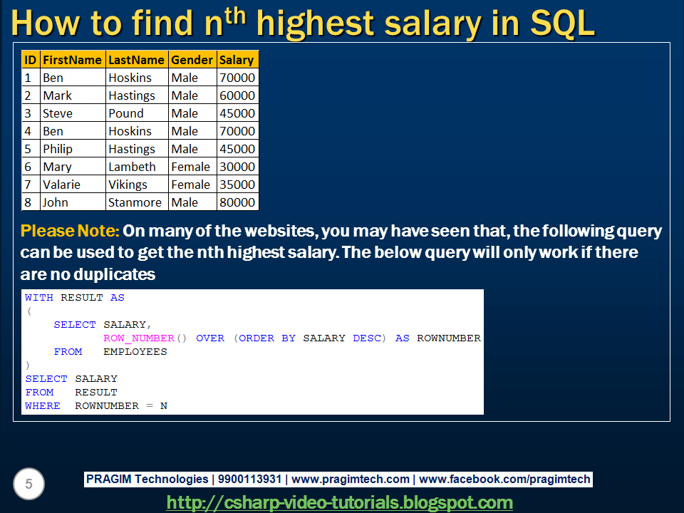 Sql server, .net and c# video tutorial: Part 1 - How to find nth ...