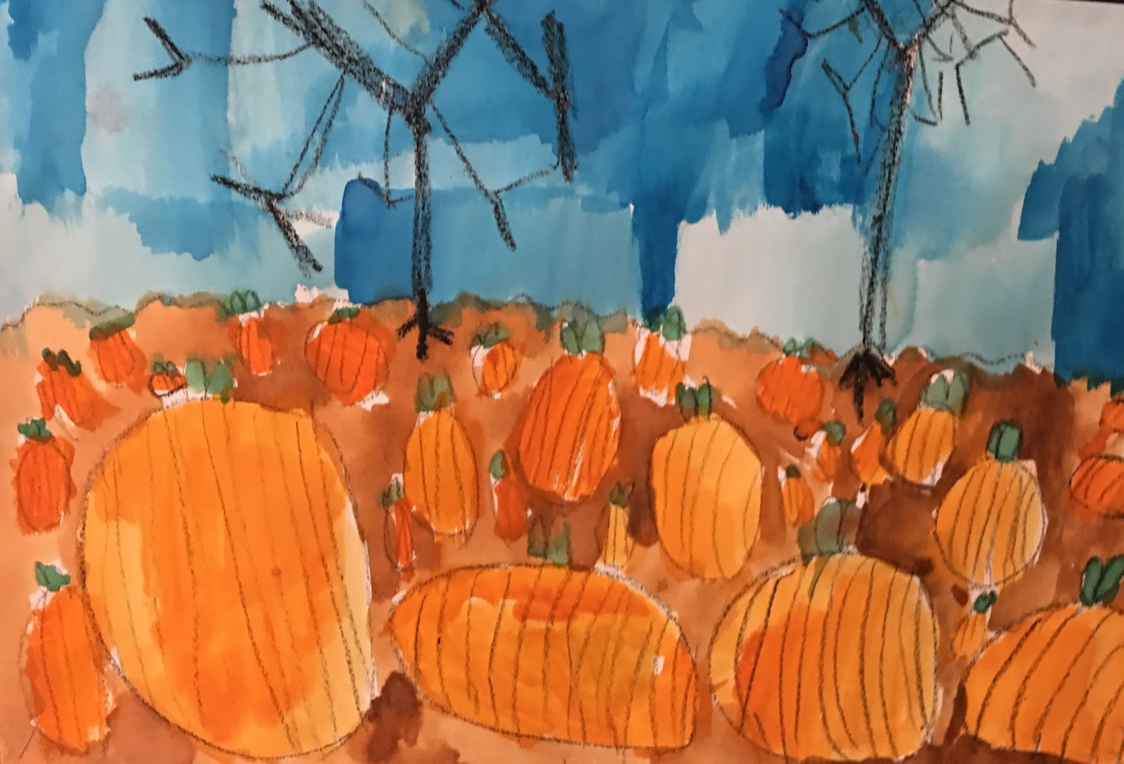Art Room Blog: 1st Grade Pumpkin Patch at Night...