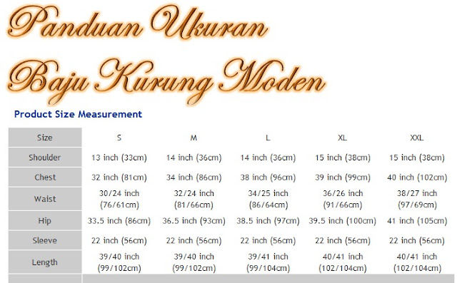 PANDUAN UKURAN BAJU: Panduan Ukuran Baju Kurung Modern S,M,L,XL,XXL